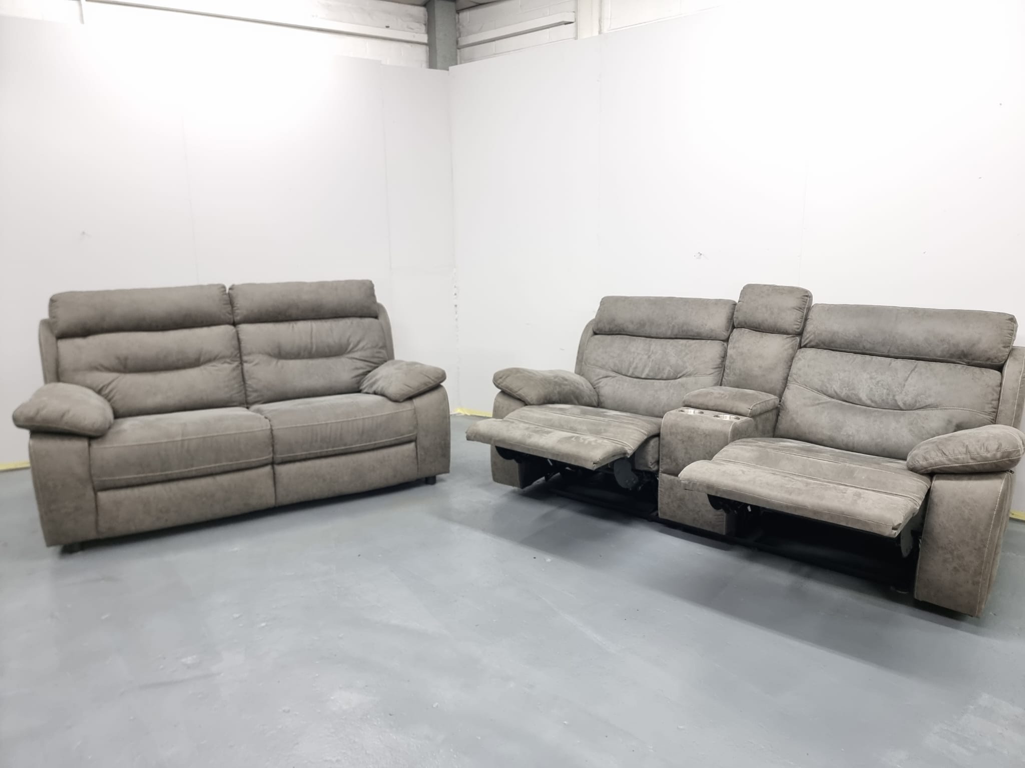Dfs Grey Suede 2 Seaters Recliner Sofas with Storage and Cup Holders
