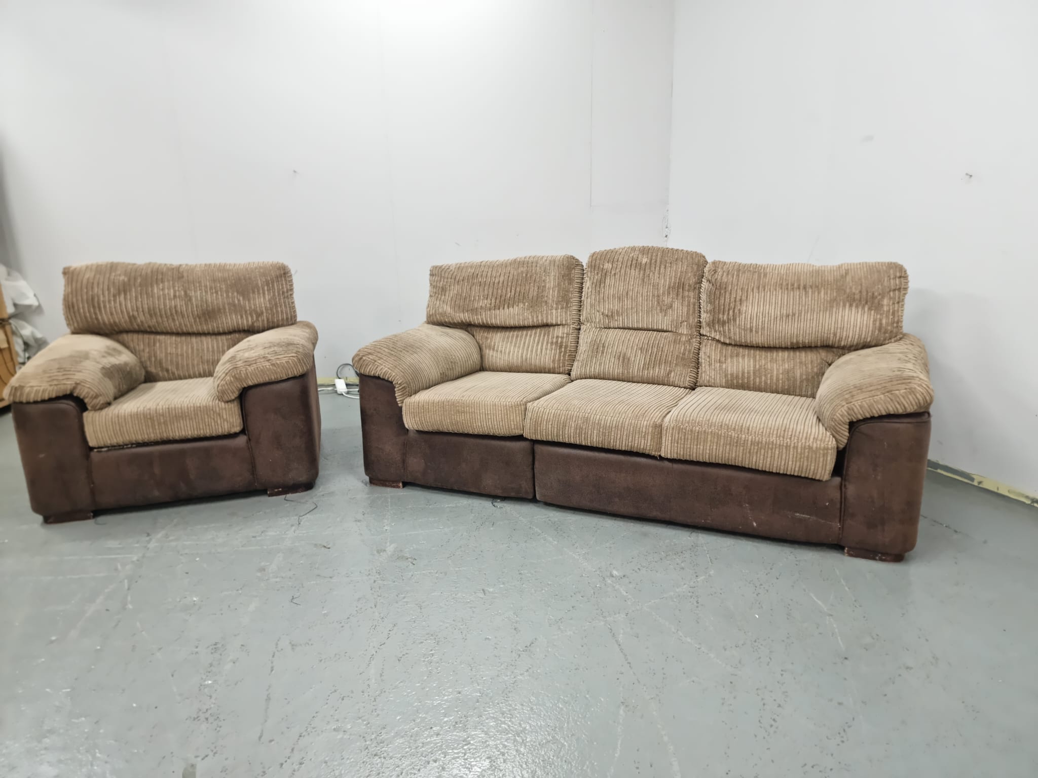 Corded Two Tone Brown 3 and 1 Seater Sofa and Chair