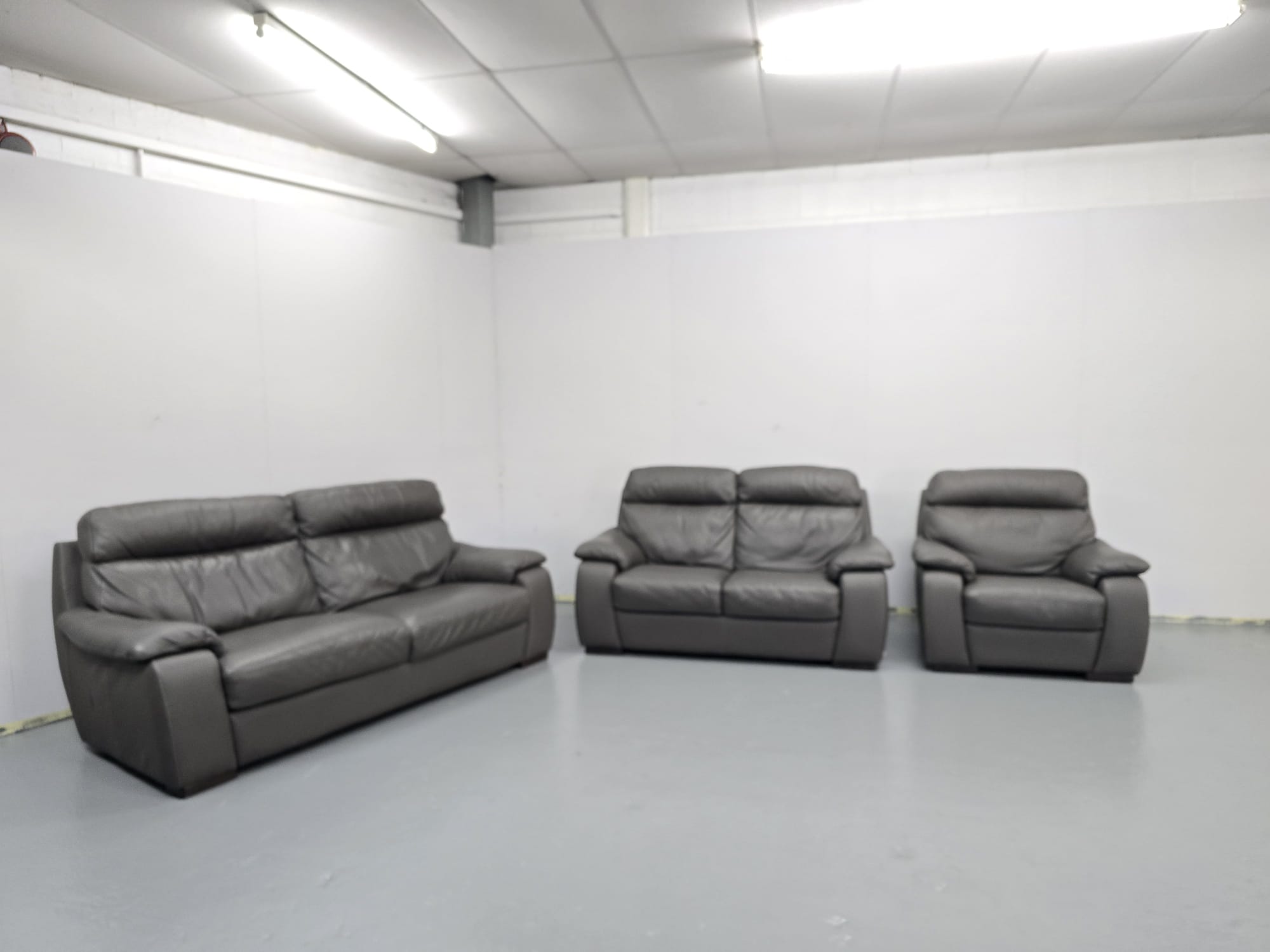 Dark Grey Leather 3 Piece Suite Sofas and Chair